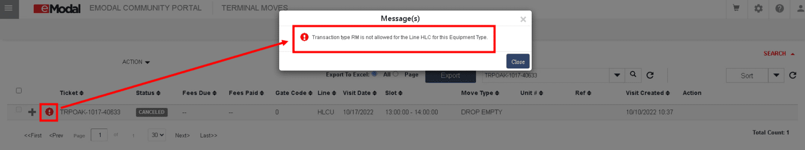OAK - eModal Rejection Reason | TraPac