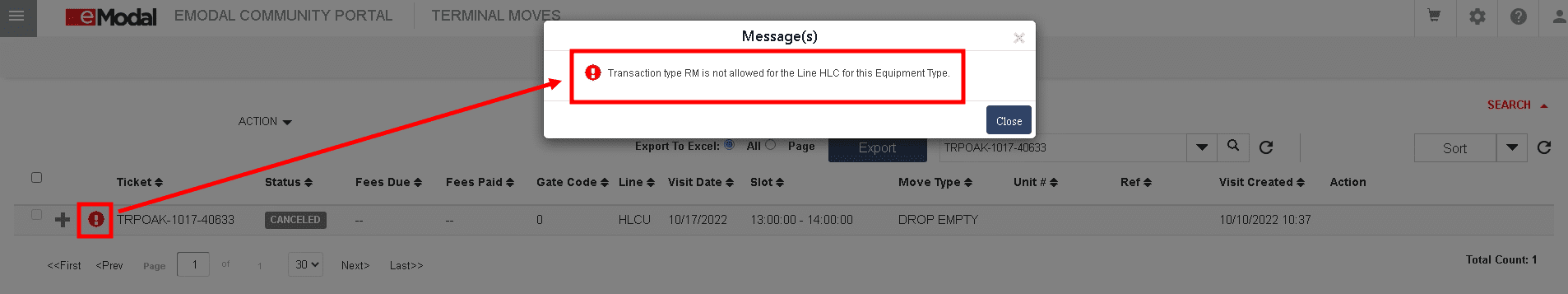 OAK - eModal Rejection Reason | TraPac